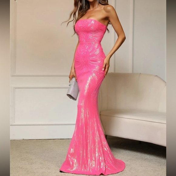 Dresses | Backless Pink Open Back Mermaid Hem Party Formal Sequins ...